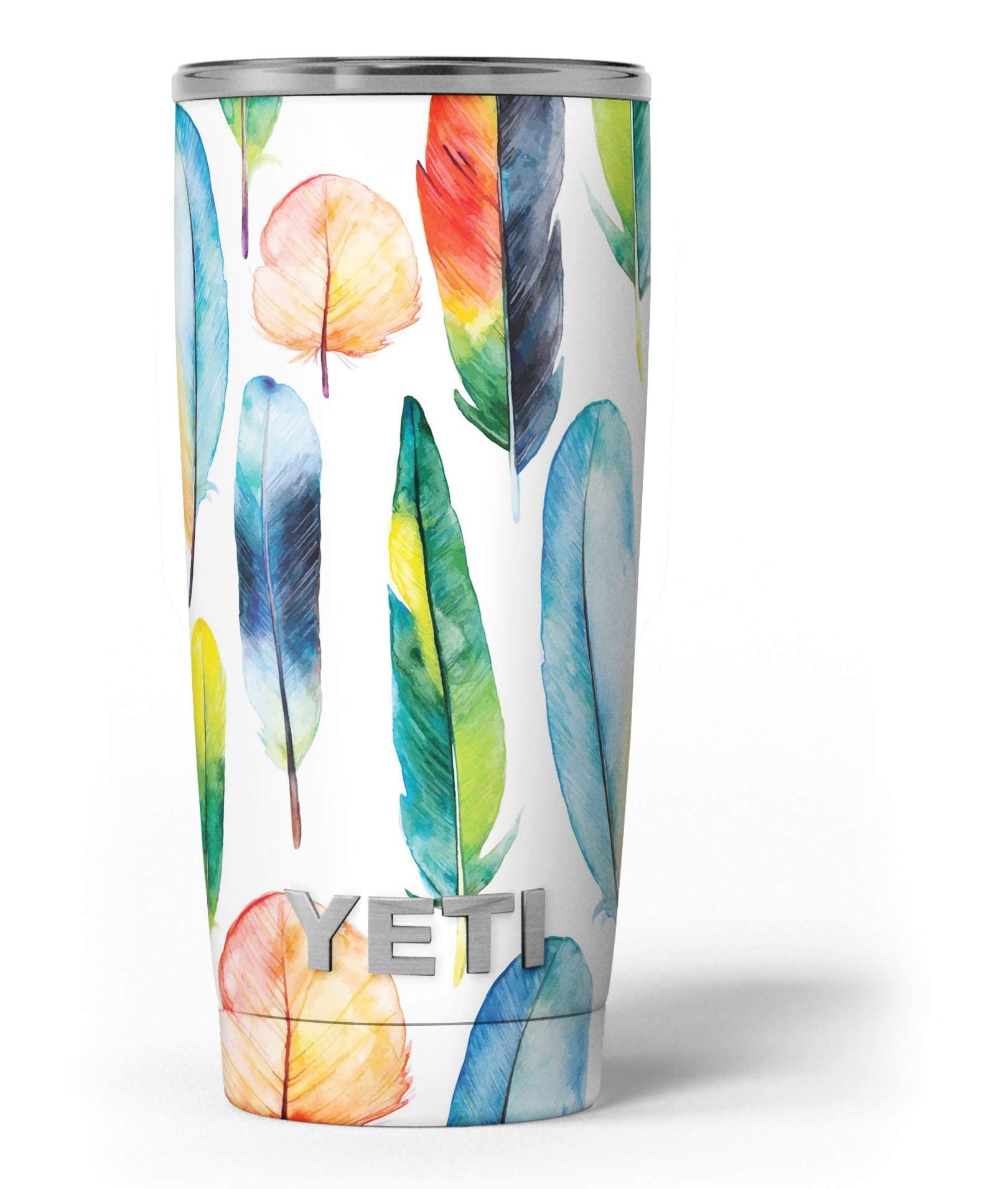 Design Skinz Bright Water Color Painted Feather - Skin Decal Vinyl Wrap Kit Compatible with The Yeti Rambler Cooler Tumbler Cups
