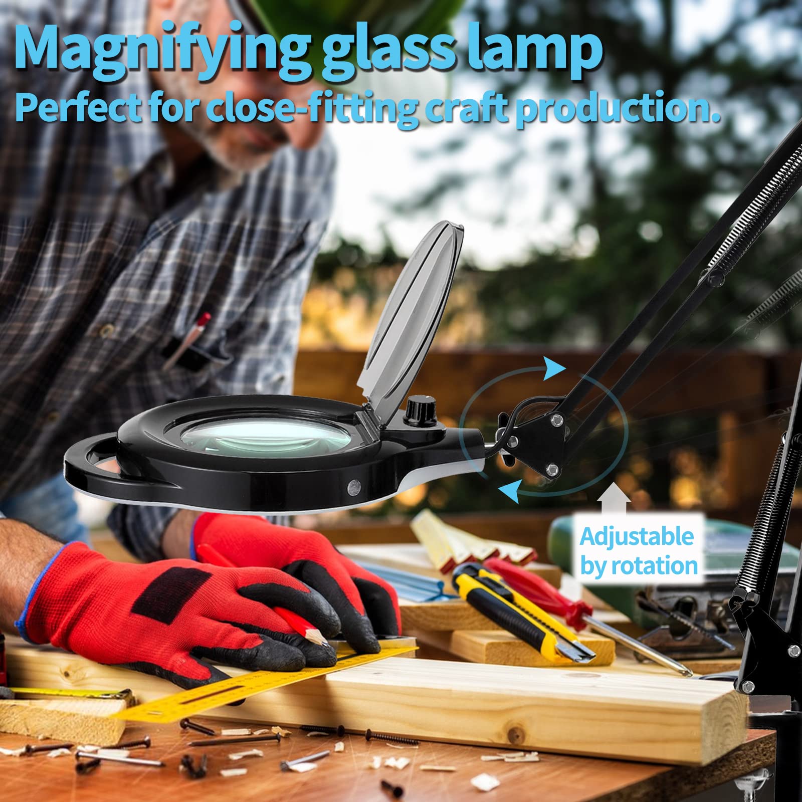 10X Magnifying Lamp with Clamp, KIRKAS 2200 LM Super Bright and Stepless Dimming Magnifying Glass with Light, Real Glass Lens Lighted Magnifier Light for Close Work, Crafts, Reading, Repair - Black