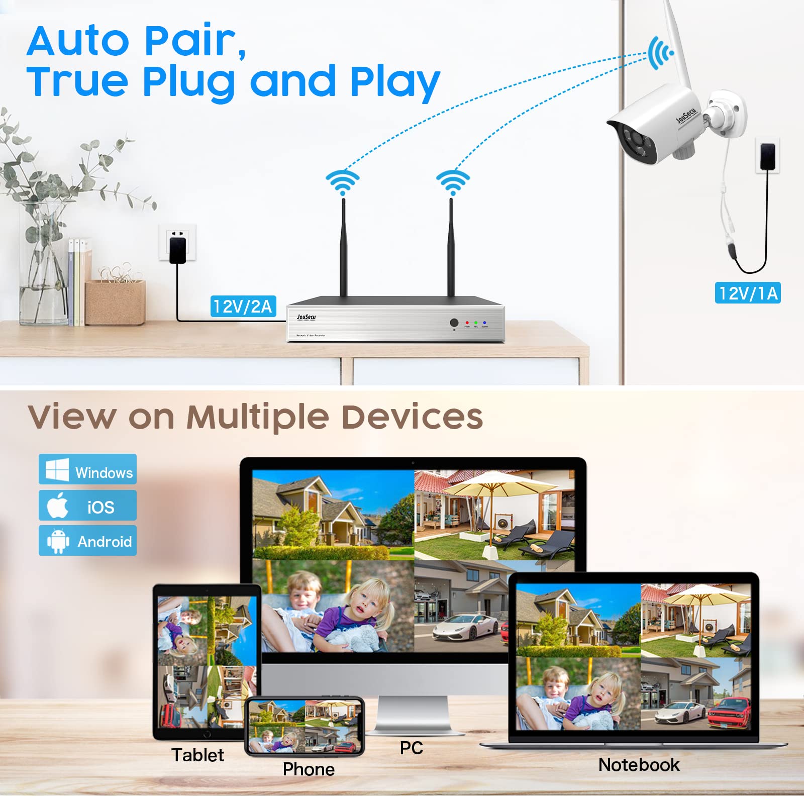 5MP Wireless Security Camera System No Hard Drive, 8 Channel Surveillance NVR Kits and 4pcs Super HD 5MP Outdoor Indoor WiFi Bullet Camera for Home Full Color Night Vision