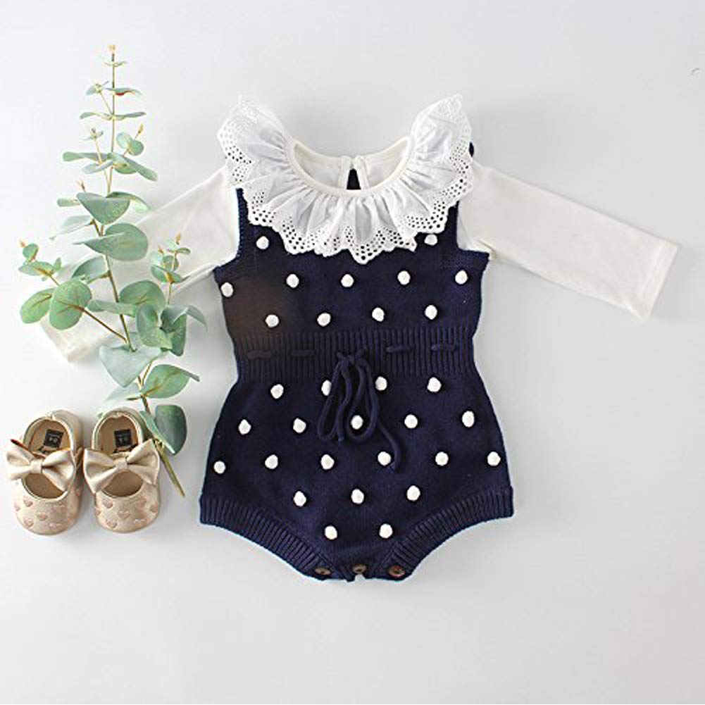 Askwind Baby Girls Knit Striped Polka Dot Romper Cute Strap Sleeveless Jumpsuit Bodysuit (White, 12-18 Months)