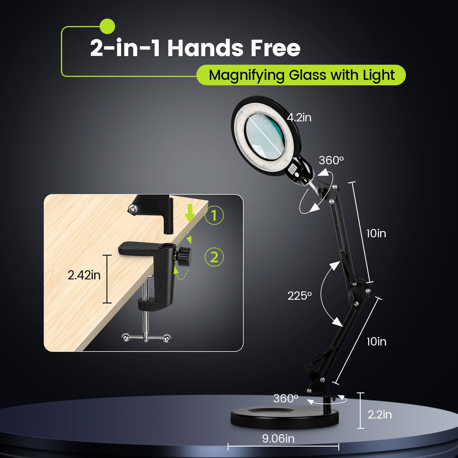 10X Magnifying Glass with Light and Stand,KUVRS 2200 Lumen Infinite Color Temperature Stepless Dimming Magnifying Lamp, Head Dual Dimmer Adjustable Swing Arm Magnifier with Light Soldering Craft Hobby