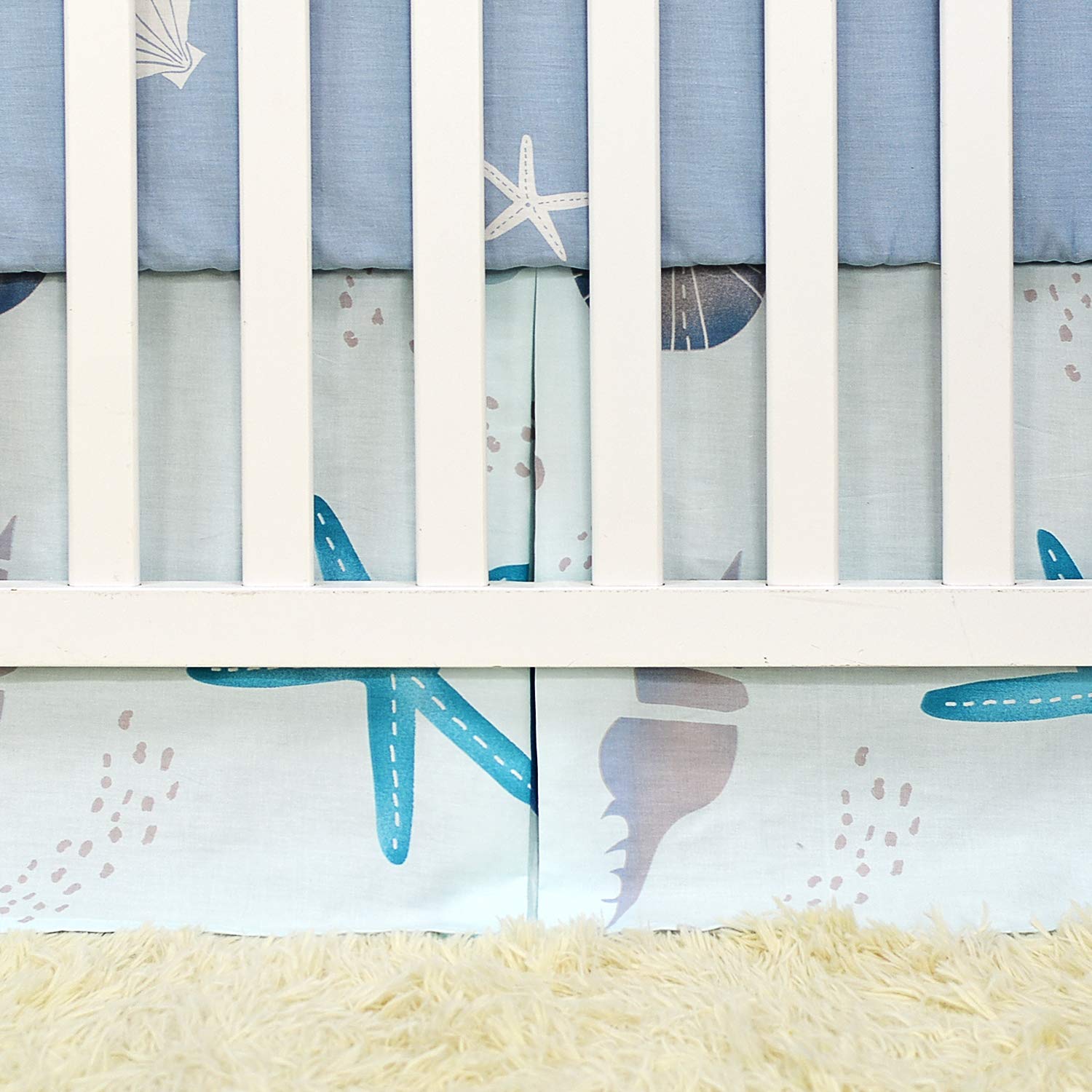Brandream Boys Nursery Bedding Blue White Beach Theme Baby Crib Bedding Set with Starfish Seashell, 100% Cotton