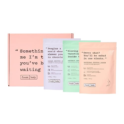 Frank Body Scrub Variety Pack | Natural, Vegan, Cruelty Free Exfoliating Body Scrub | Includes Original Coffee, Cacao, & Coconut Coffee Scrubs | 3 x 7.05 oz / 200 g
