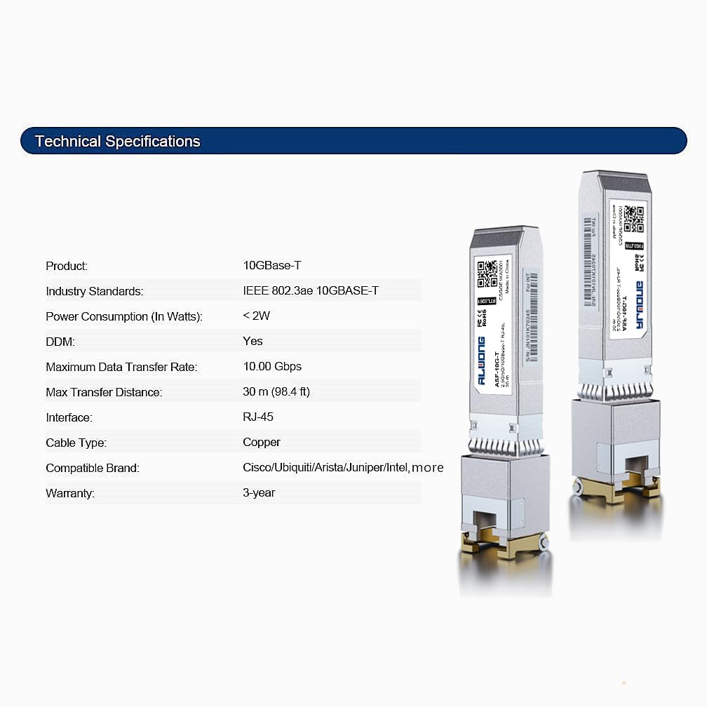 Alwong 10GBASE-T SFP+ Transceiver, SFP+ to RJ45 Copper Module. 2.5/5/10G Multi-Rate, for Cisco SFP-10G-T-S, Ubiquiti UniFi UF-RJ45-10G, Meraki, MikroTik S+RJ10, Netgear, D-Link, and More, Pack of 2