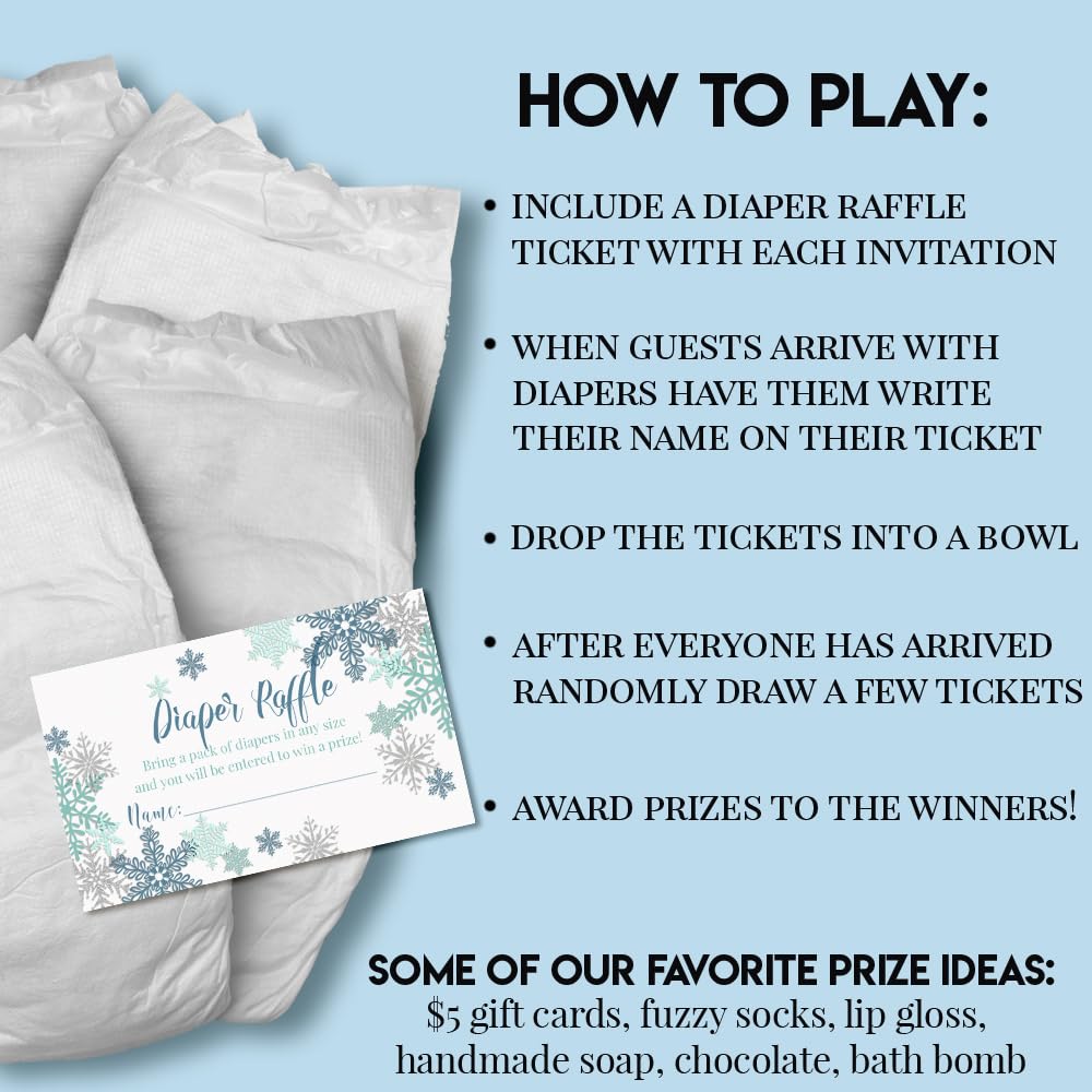 Amanda Creation Blue and Silver Snowflake Diaper Raffle Tickets for Boy Baby Showers, 20 2" X 3β Double Sided Insert Cards for Games, Bring a Pack of Diapers to Win Favors & Prizes!