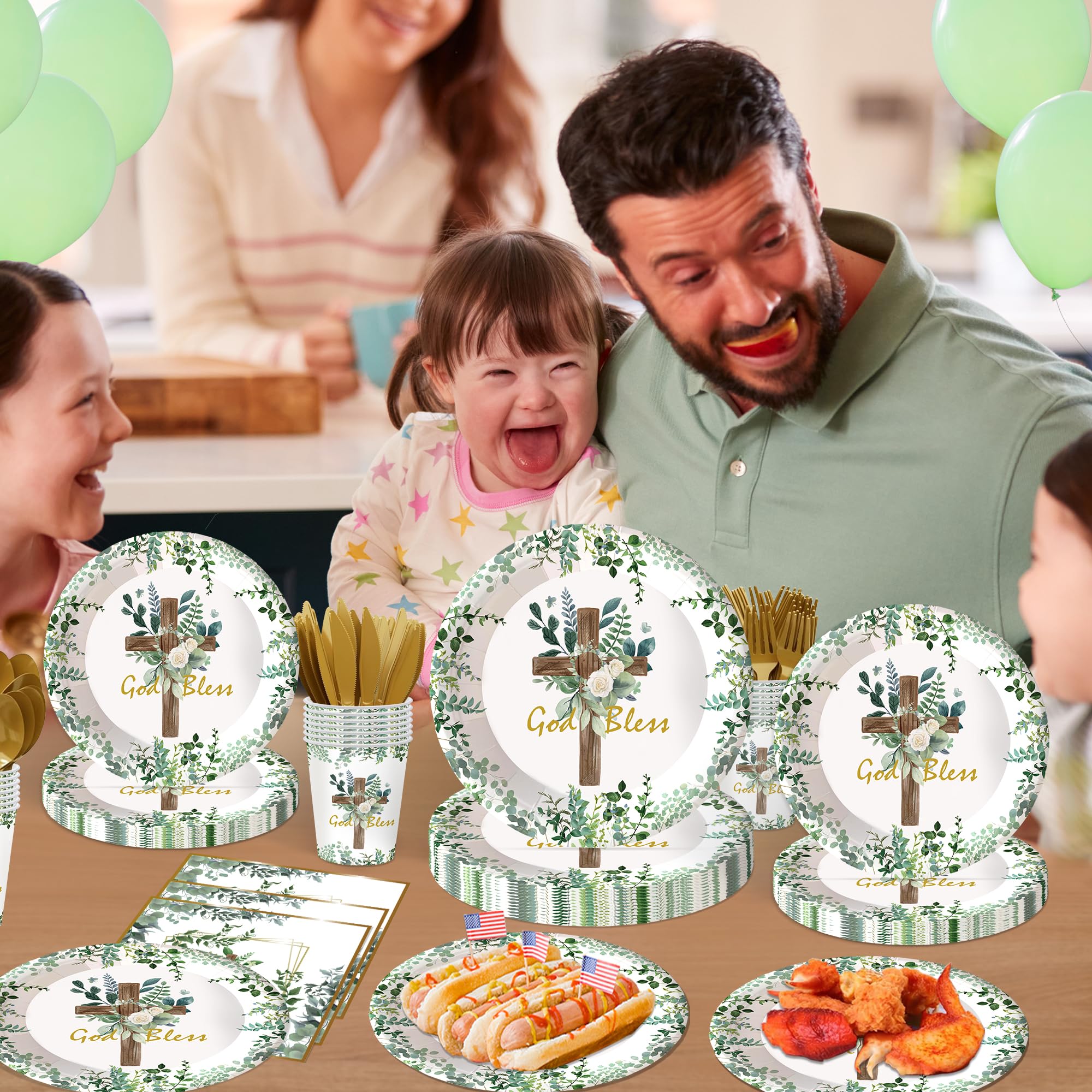 168Pcs God Bless Plates and Napkins Baptism Tableware Set First Holy Communion Party Decorations Mi Bautizo Eucalyptus Leaves Sage Paper Plates Christening Celebration Baby Shower Supplies,Serve 24