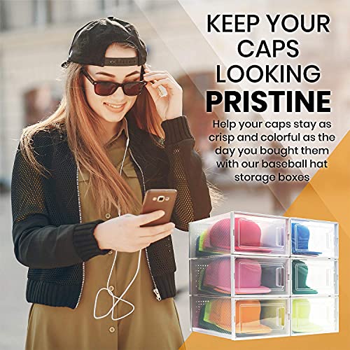 Boxy Concepts Plastic Hat Organizer for Baseball Caps (6-Pack) Easy Assembly, Stylish, Dust-Proof, Transparent, Stackable with Odor Vents. Ideal Holder, Case or Hat Rack Storage System 13β x 5.5β x 9β