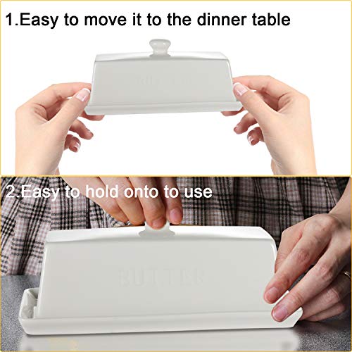 Butter Dish With Lid, WERTIOO Porcelain Butter Keeper With Handle Cover French Butter Dish Ceramic Butter Holder Container for Countertop, White