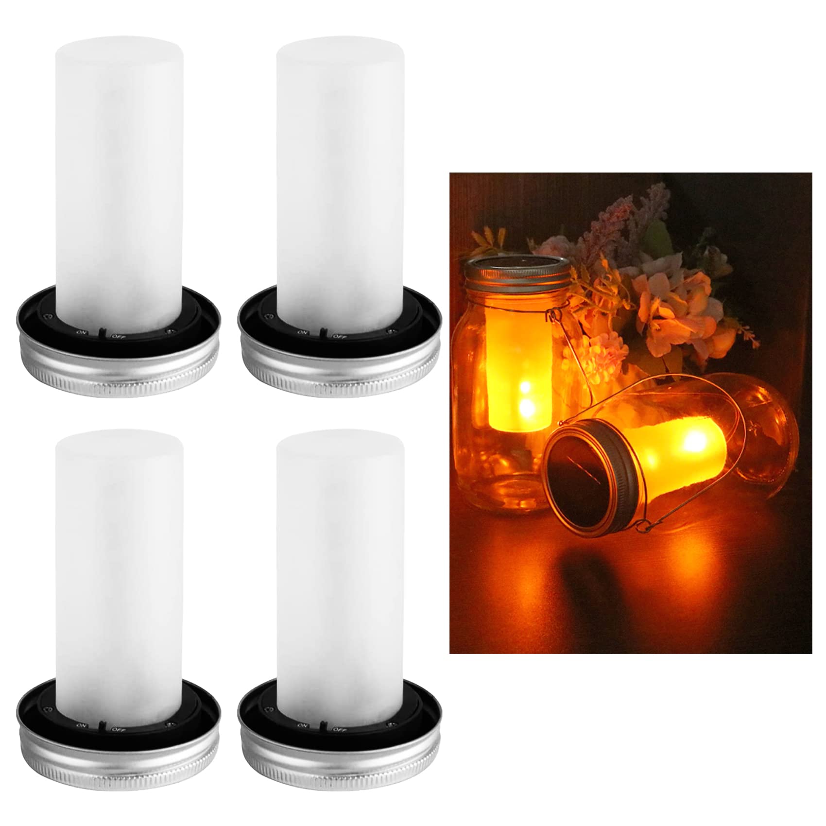 Aizami Solar Mason Jar Lid Lights,4 Pack 12Led Simulation Flame Candlelight Jar Lids Lights for Mason Jar Patio Garden Wedding Lantern
