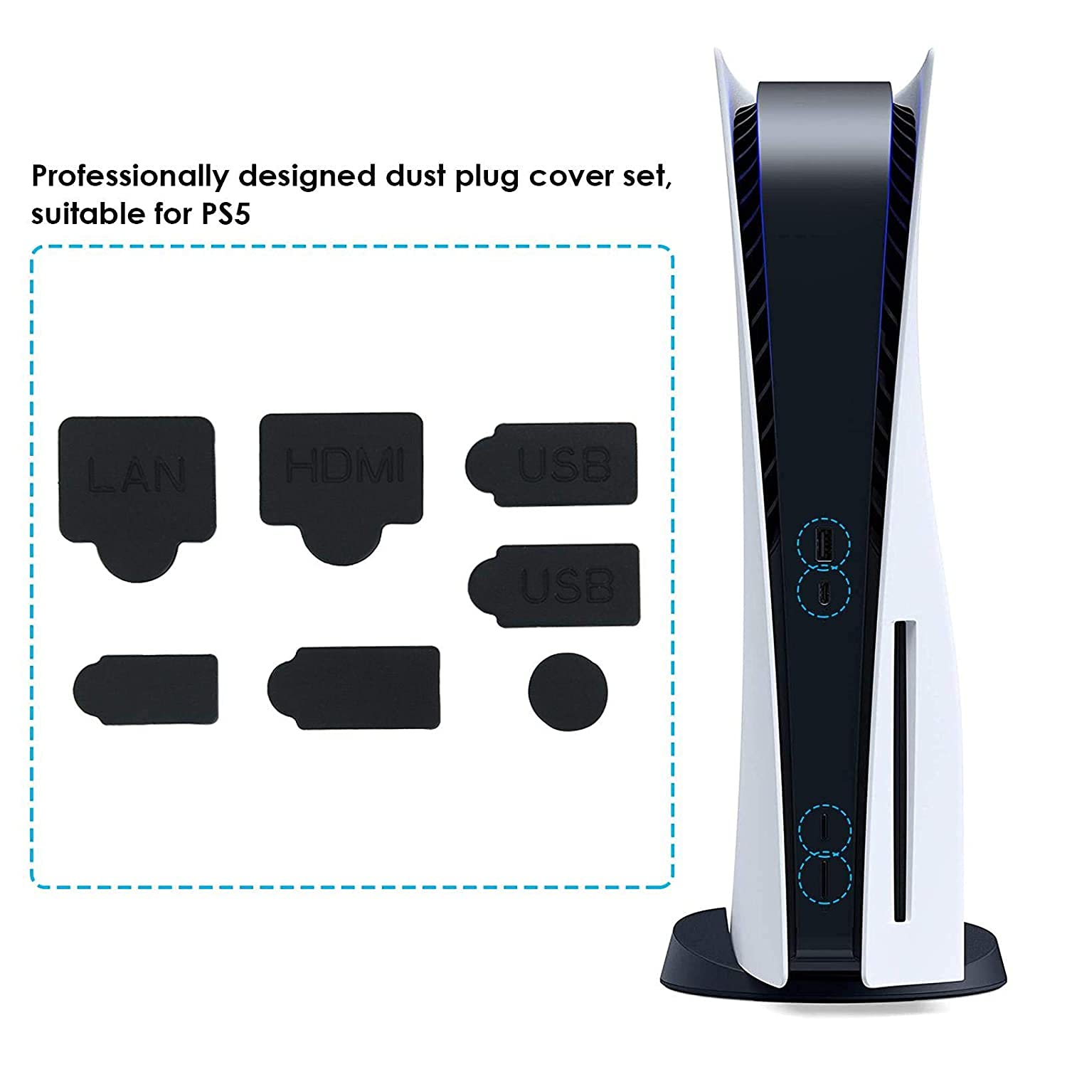 7PCS LAN HDMI Type-C USB Dock Dust Plug Silicone Dust Proof Cover Dust Stopper Dustproof Case Kits for PS5 Game Console