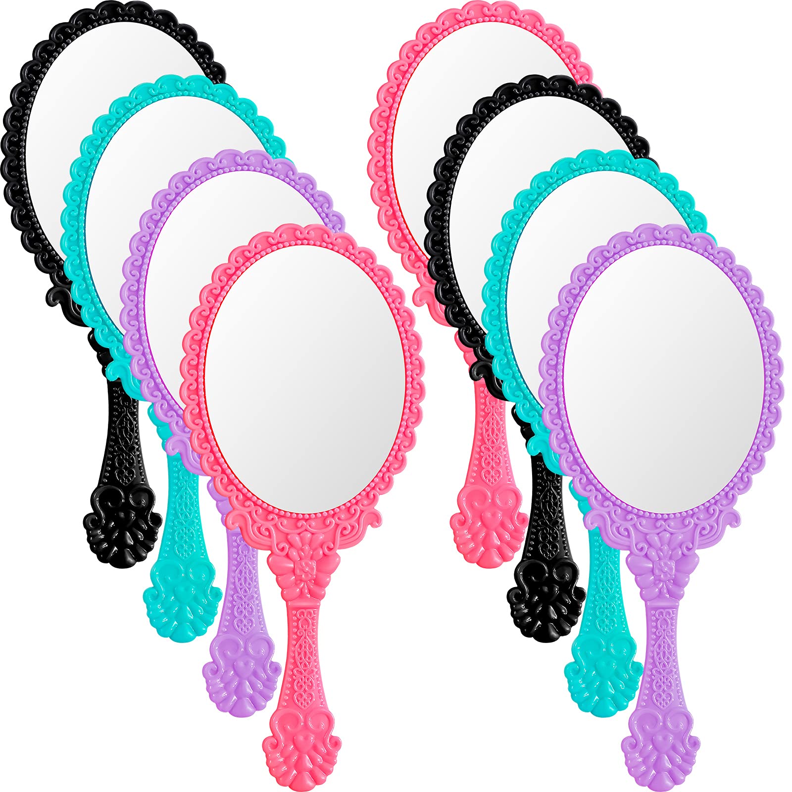 FairySandy 8 Pieces Vintage Handheld Mirror Retro Hand Held Mirror Face Vintage Hand Mirror Oval Mirror with Handle Portable Antique Makeup Mirror for Women Girl Travel (Black, Pink, Purple, Green)