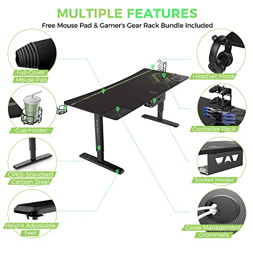 EUREKA ERGONOMIC 63 Inch Large Manual Height Adjustable Gaming Computer Desk, Home Office Studio Table Dual 3 Monitor Curved Edge Gifts 60 + w/Full Desk Mouse Pad Controller Stand Cup Headset Holder
