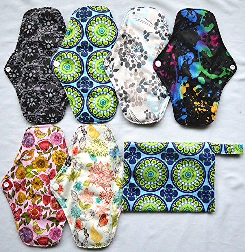 7pcs Set 1pc Mini Wet Bag +6pcs 10 Inch Regular Charcoal Bamboo Mama Cloth/Menstrual Pads/Reusable Sanitary Pads(Peacock)