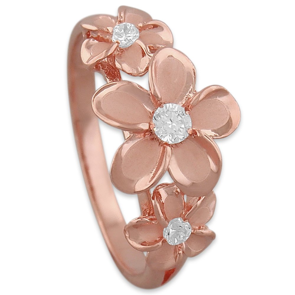 14kt Rose Gold Plated Sterling Silver Hawaiian Three Plumeria Ring Size 4