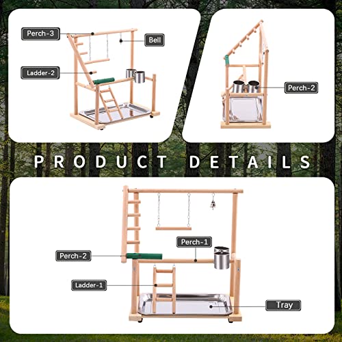 Bird Play Stand Parrots Playground Wooden Stick Perch,Bird Playpen Exercise Gym with Ladder Feeder Cup Bell Swing,Parrot Play Climb Gym for Parakeet Cockatiel Conure(Include a Tray)
