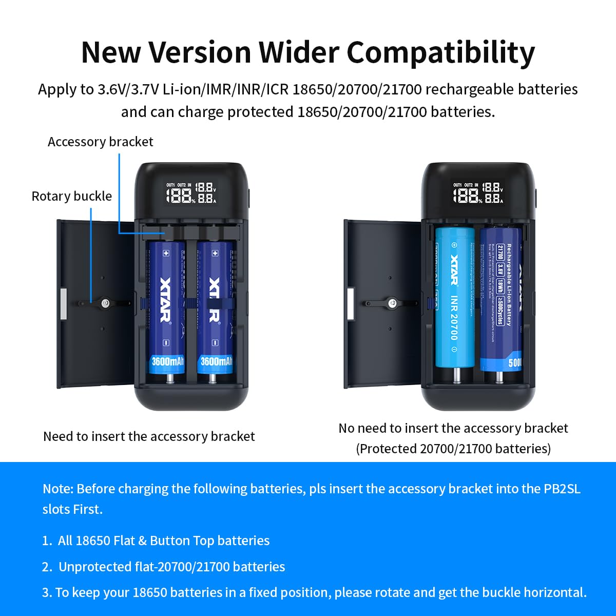 XTAR PB2S Upgraded Version Type-C Dual-Role Fast Charger,Portable LCD Universal 18650 Battery Charger for 3.7V/3.6V Li-ion Rechargeable Battery 18650 18700 20700 21700 Black (No Battery)