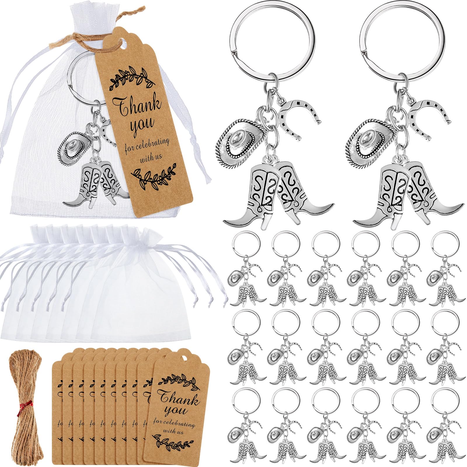 151 Pcs Cowboy Western Party Favors Cowboy Keychain Western Keychain Cowboy Hat Boot Horse Shoe Keyring with Organza Bags Thank You Tags and Rope for Guests Engagement Western Party Favor Supplies