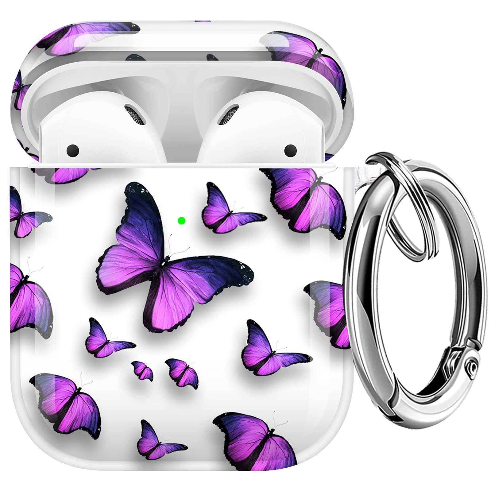 Maxjoy for AirPods Case Cover, Clear AirPod Case for Women Girly Cute Soft Protective Transparent iPod Case with Keychain Clip for AirPods 2nd 1st Generation Charging Case 2&1, Purple Butterfly