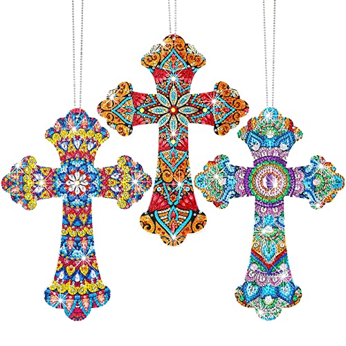 3 Pcs Cross Hanging Diamond Painting Kits for Halloween Christmas Gift DIY 5D Crystal by Number Mandala Cross Shaped Rhinestones Pendant Acrylic Mosaic Wall Painting Kit for Adults Home(Vintage)
