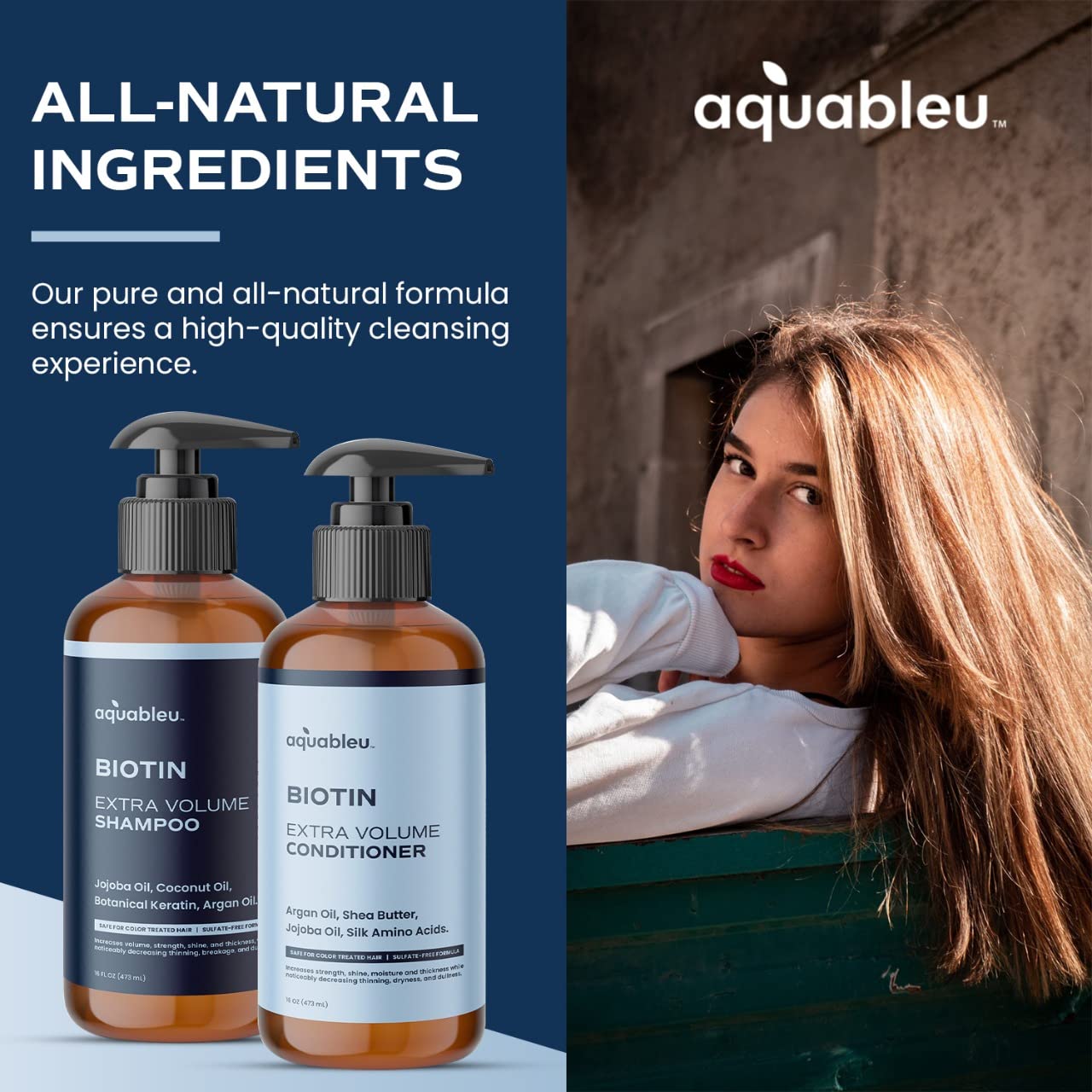 Aquableu Biotin Volumizing Shampoo & Conditioner Set β Natural Thickening & Volume For Thicker Fuller Hair - Promotes Healthy Hair Growth - Includes Coconut, Keratin, Argan & Jojoba Oil β Sulfate Free