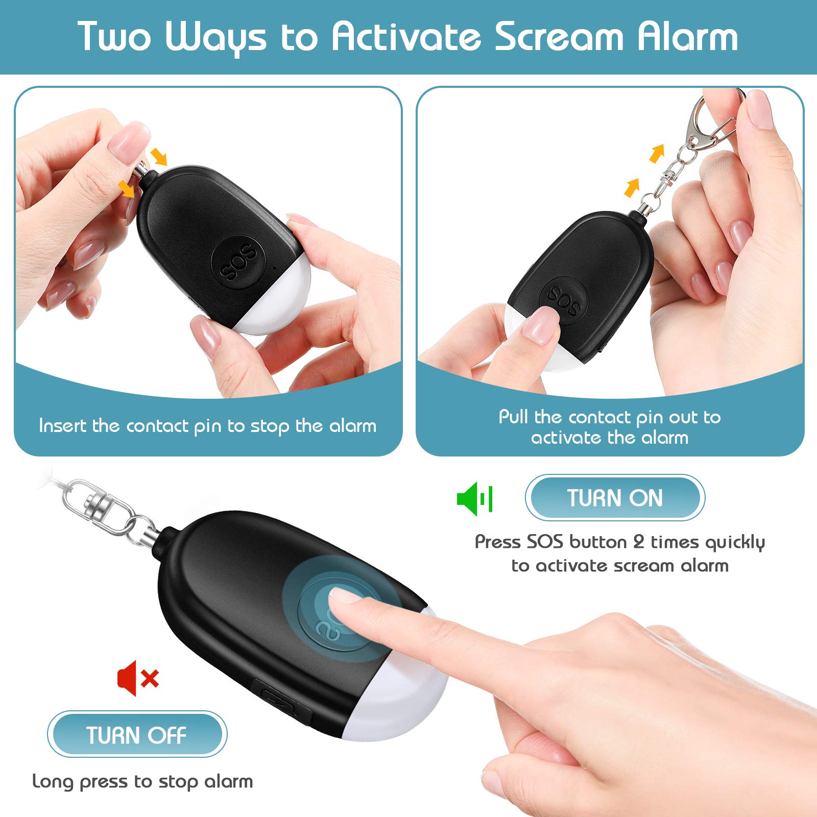 Frienda 4 Pieces Personal Security Alarm Keychain 130 dB Safety Alarm Self Siren Song Keychain with USB Rechargeable LED Flashlight for Women Kids Children Elders Men