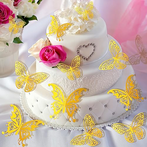 30 Pcs Gold Butterfly Cake Decoration with 6 Pcs Gold Crown Cake Topper, Mini Crowns Small Crown with 3D Butterfly Wall Decors for Coronas Para Flower Bouquets Decor for Flower Arrangements
