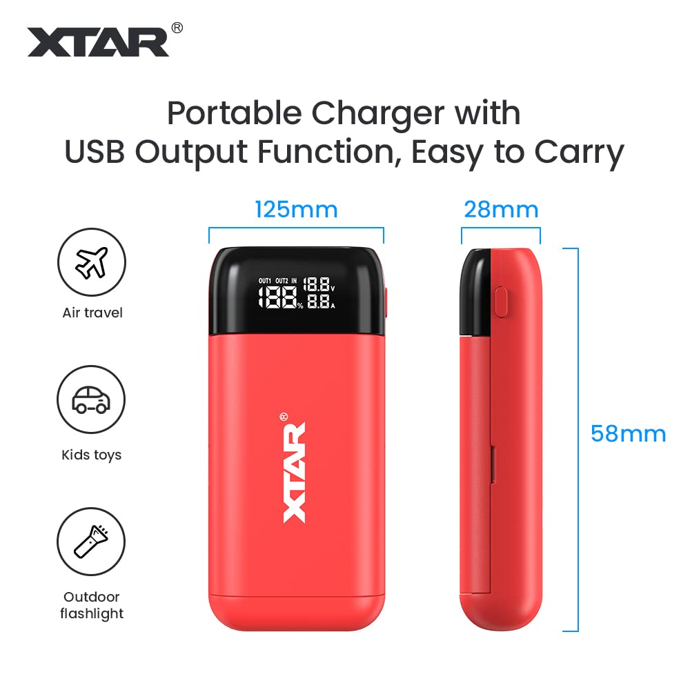 XTAR PB2S Type-C Dual-Role Fast Charger,Portable LCD Universal 18650 Battery Charger for 3.7V/3.6V Li-ion Rechargeable Battery 18650 18700 20700 21700 RED(No Battery)