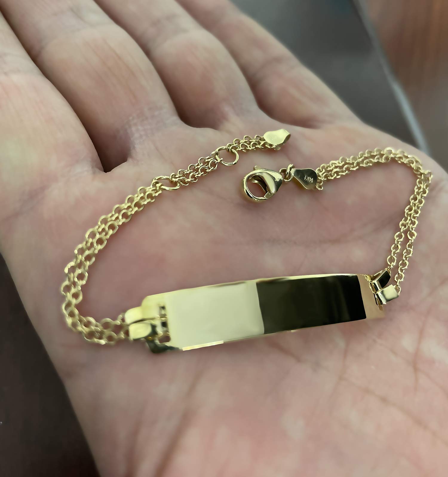 14kt Yellow Gold Name Bar Id Bracelet β Handmade 18k Solid Personalized Bracelets - Free Customizable Engraving Identification β Elegant Women's Gift Adjustable 6.5 ,7 ,7.5 Inches (Yellow, gold 14k)