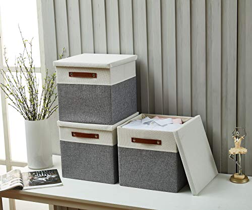 DECOMOMO Cube Storage Bins | Fabric Storage Cubes with Lid Closet Organizer Cubby Bins for Shelves Cloth Nursery Decorative Basket with Handles (Grey and White, 13 x 13 x 13 inch)