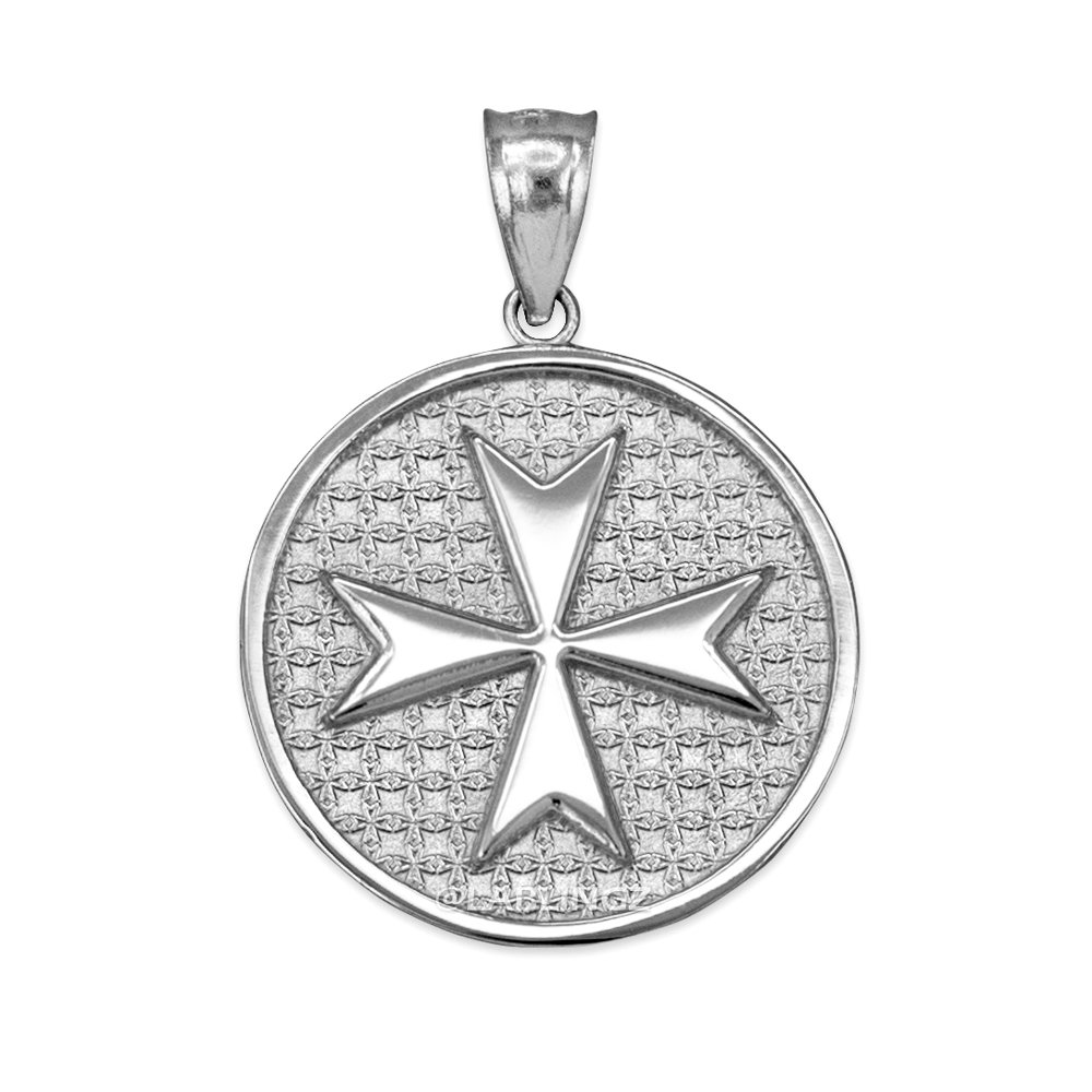 14K White Gold Knights Templar Maltese Cross Medal Pendant