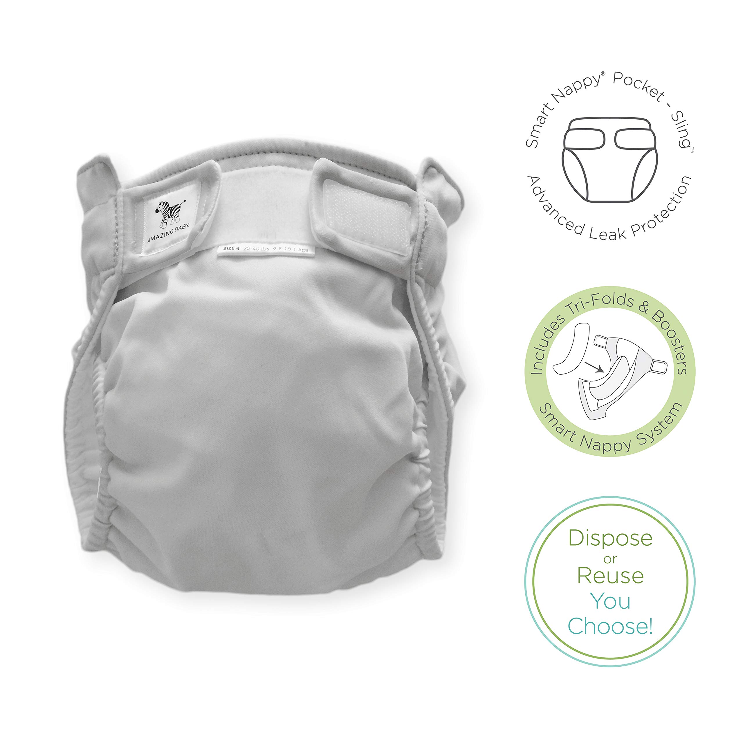 Amazing Baby Hybrid Cloth Diaper Cover with Pocket-Sling, Large, Sz 4 (22-40 lbs), Use Boosties Inserts, Gray, SmartNappy Set includes Swim Cover + Tri-fold Insert + Booster Pad