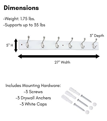 BIRDROCK HOME Hook Coat and Hat Rack - 2 Pack - 6 Hooks - 27 Inches - Wall Mount - Decorative Home Storage - Entryway Foyer Hallway Bathroom Bedroom Rail - Satin Nickel Hooks - White Pine Bathroom