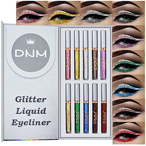 DNM 10 Color Liquid Glitter Sparkle Eyeliner Liquid Makeup Set delineadores de colores para ojos, Glitter Shimmer Metallic Liquid Eyeliner Liner Colorful Set Green Silver Eye Glitter eyeliner Pencil