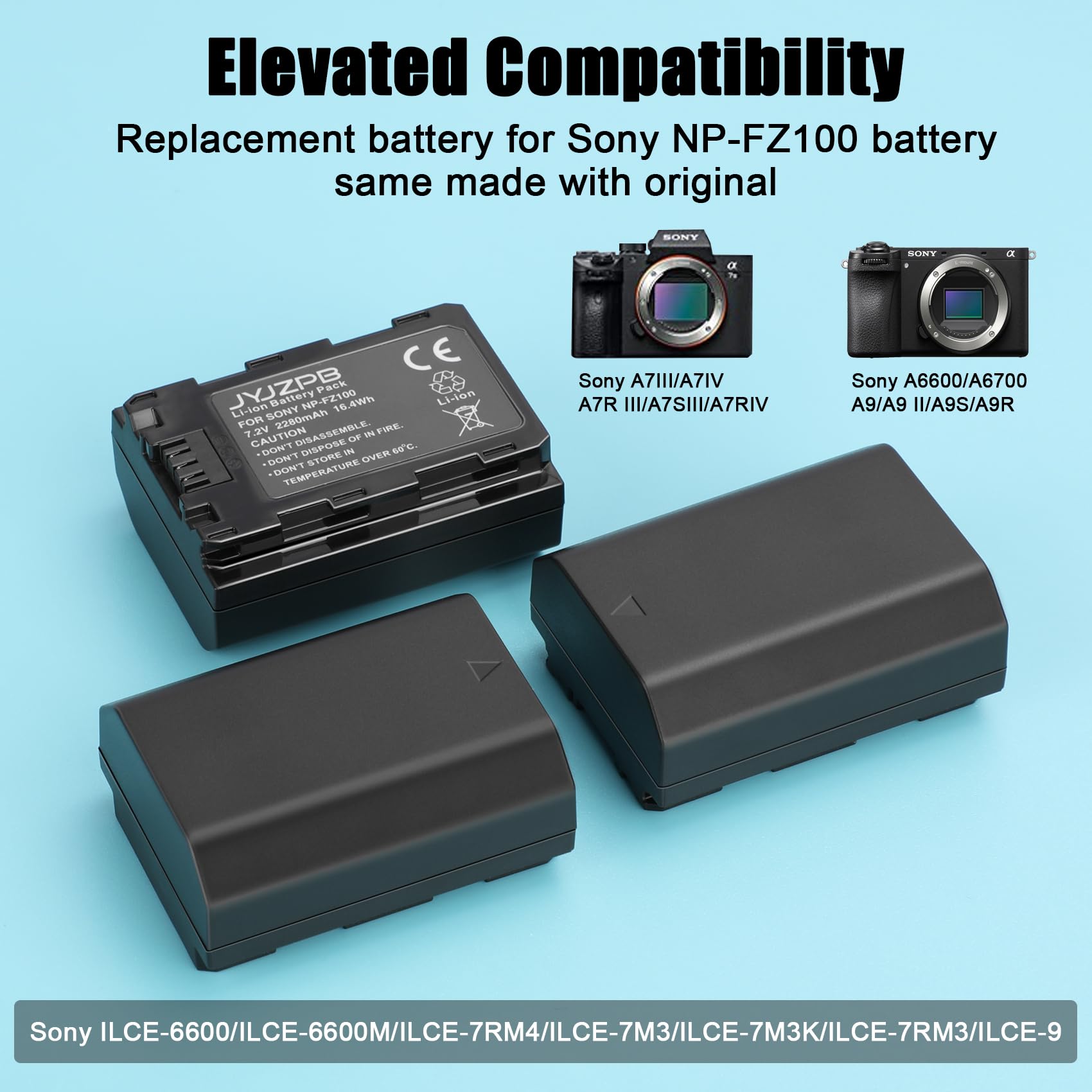JYJZPB 3 Pack NP-FZ100 Replacement Battery for Sony A7III, A7IV, A7R III, A9, A6600, A6700, A9S, A7R3, A7S III, A7R III, and Triple Sony Battery Charger for Sony NPFZ100 Z-Series Battery Pack