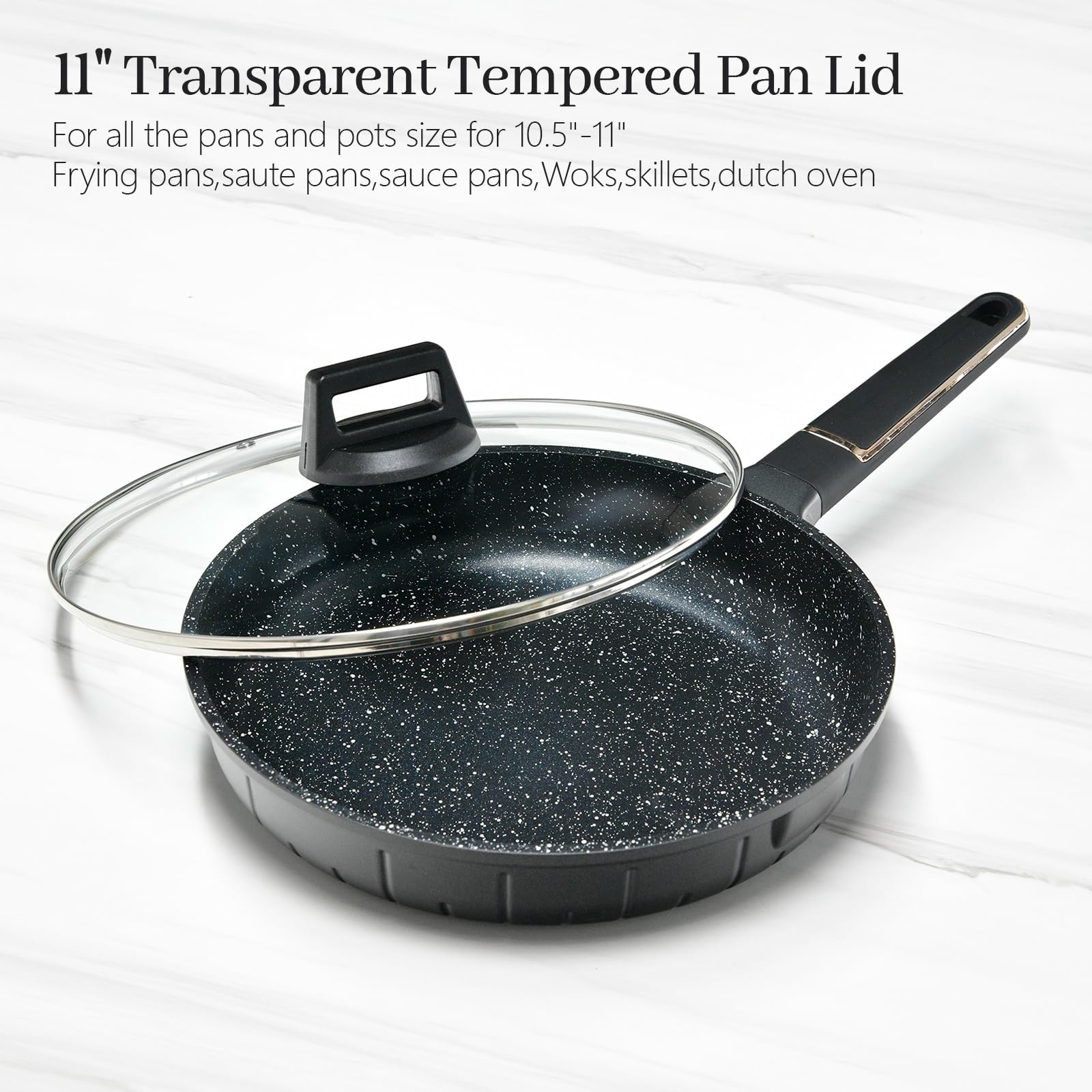11 In Glass Lid for Frying Pan, Tempered Replacement Cover Compatible with All 11 Inches Cookware for Skillets, Round Cast Iron, Cast Aluminium, Stainless Steel Pans &Pots