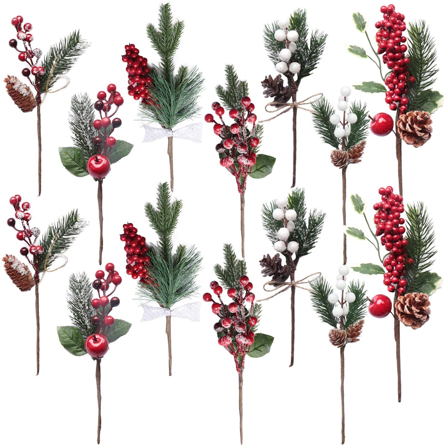 14PCS Artificial Berry Picks, Christmas Pine Picks with Red & White Berries Pine Cones for Christmas Decorations DIY Crafts Gift Wrapping Flower Arrangements Wreaths Holiday Floral Snowy Picks (14)