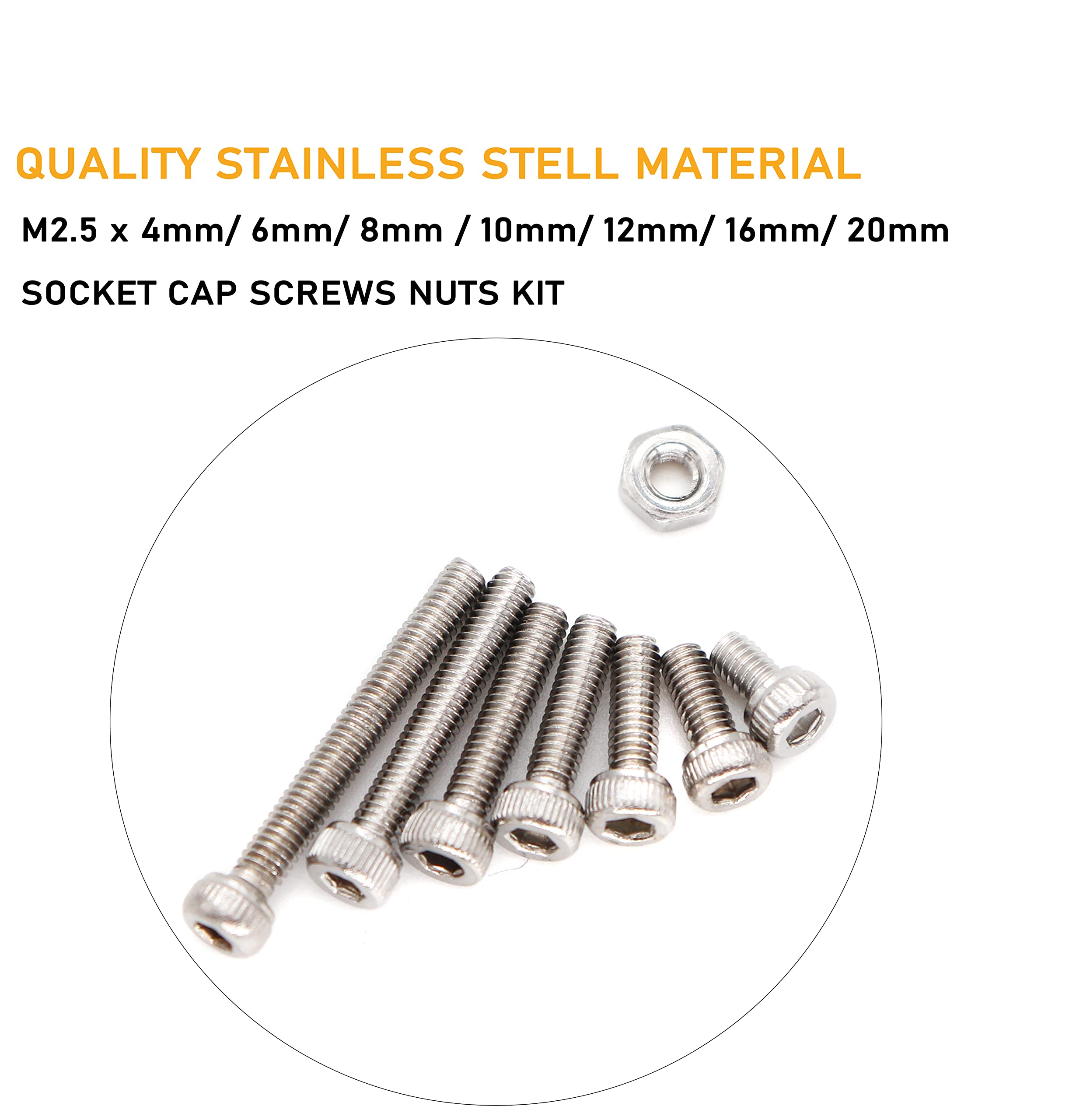 binifiMux 190pcs M2.5 Hex Socket Cap Screws and M2.5 Hex Nuts Assortment Kit with Wrench, 304 Stainless Steel Silver Tone