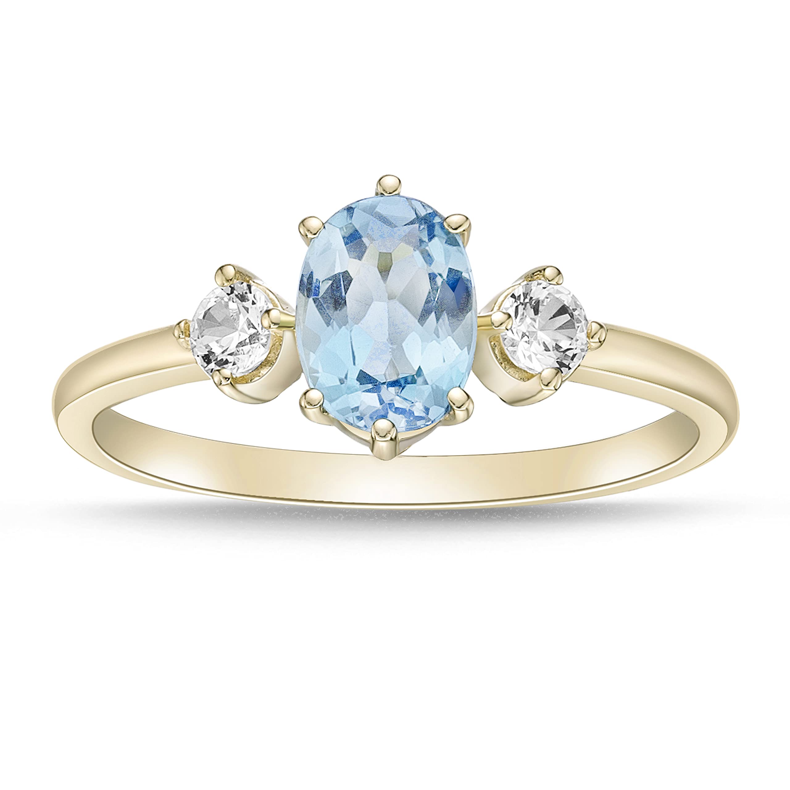 14K Yellow Gold Plated .925 Sterling Silver Oval Cut Created Aquamarine & Created White Sapphire Three Stone Ring - March Birthstone - Size 7