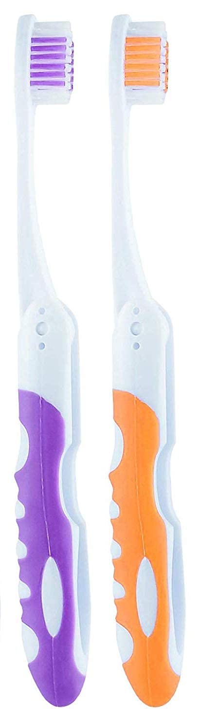 Azi 2pc Premium TSA Approved Travel Toothbrush On The Go Folding Medium Bristles & Tongue Cleaner/Gum Massager Travel Camping Handbag Backpack Car RV Dorm Gym School Locker