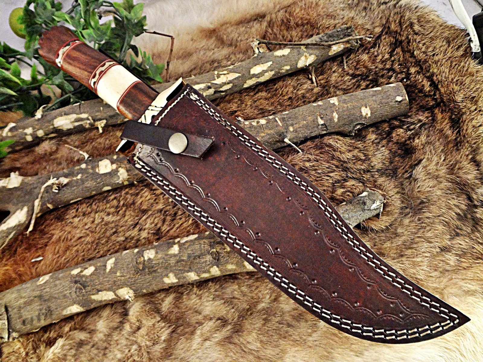 15" Long hand forged Damascus steel hunting Knife, Natural camel Bone and Walnut wood with engraved brass handle, Cow hide Leather sheath with belt loop