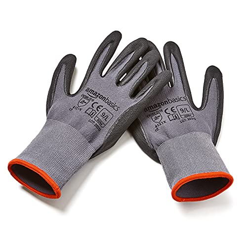 Amazon Basics Micro-Foam Nitrile Coated Gloves, Nylon Liner Fiber, Touch Screen, Grey, Size 9, Large (Pack of 6)