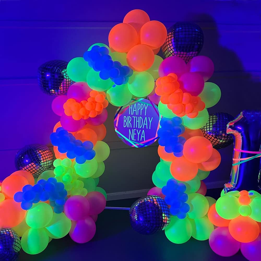 156pcs Neon Balloon Garland Arch Kit, Glow in The Dark UV Neon Fluorescent Balloons, Back to 80s 90s Laser Dicso Party Supplies, Birthday Wedding Black Light Party Decorations (Disco)