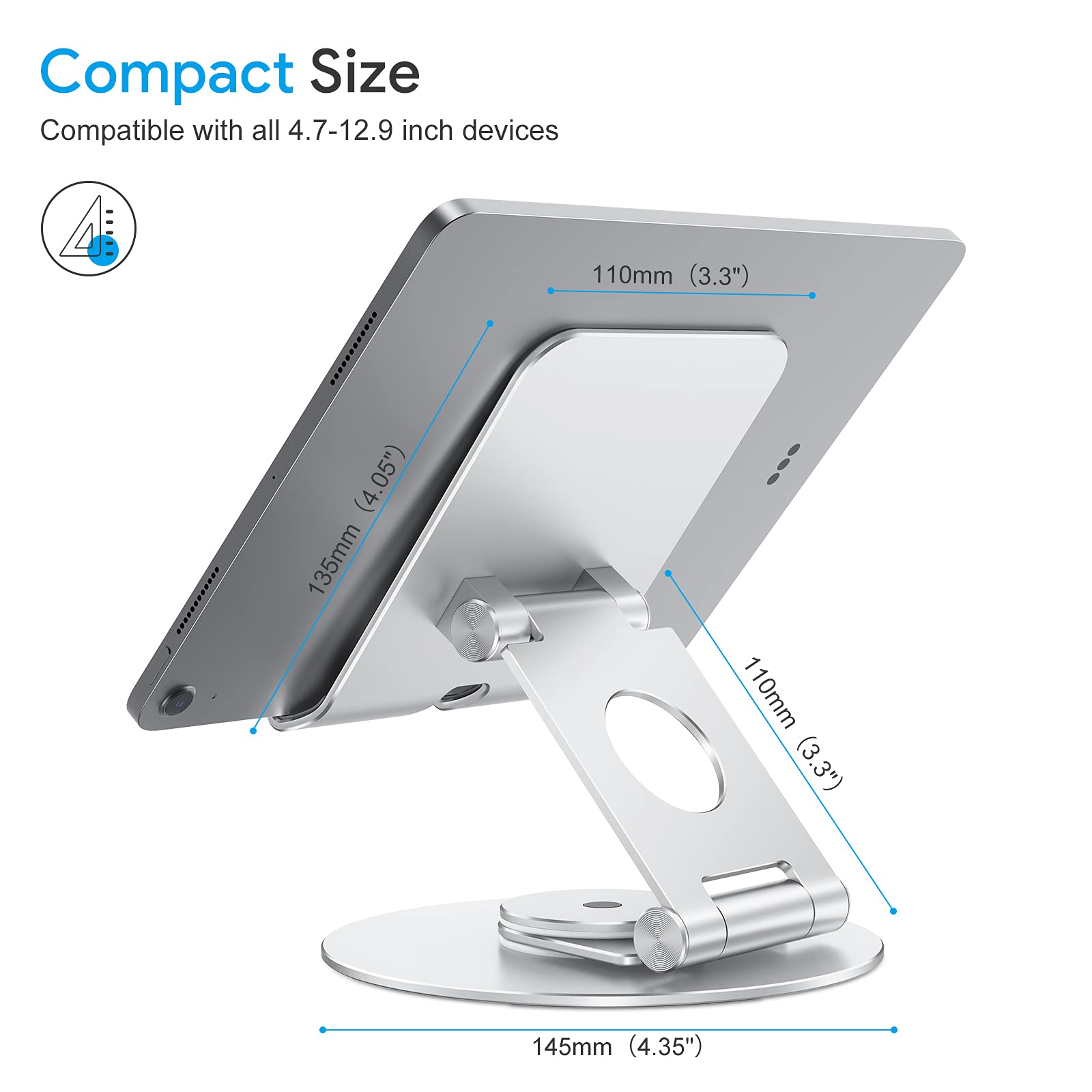 OMOTON Swivel Tablet Stand for iPad with 360 Rotating Base, Foldable Adjustable Holder for Drawing, Compatible with iPad Pro/Air/Mini and More, Silver