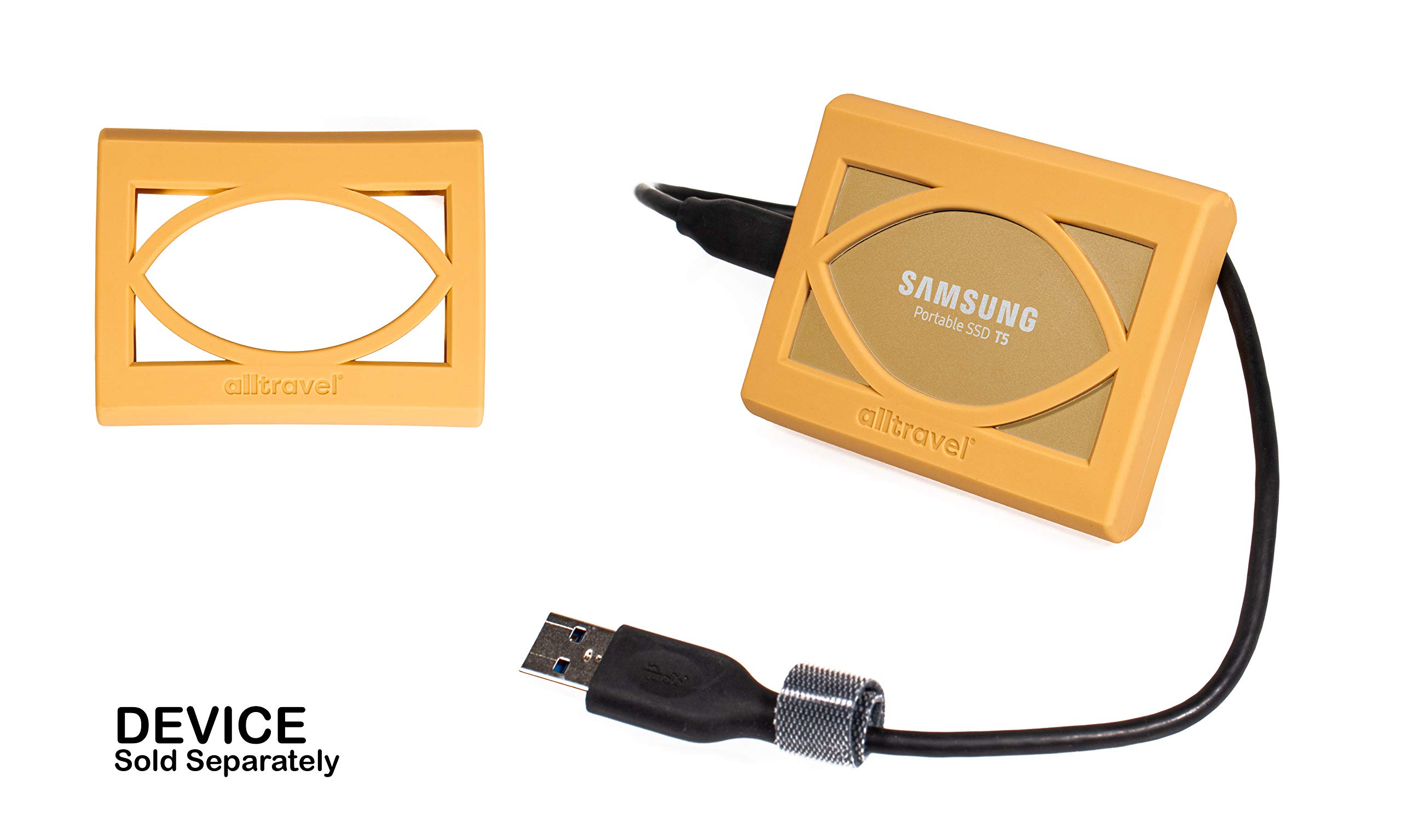 Alltravel External Solid State Drive Bumper Sleeve for Samsung T5 Portable 250GB 500GB 1TB 2TB SSD USB 3.0 External Solid State Drives, Super Strong Bumper Anti Shock, Shake and Drop (Gold)