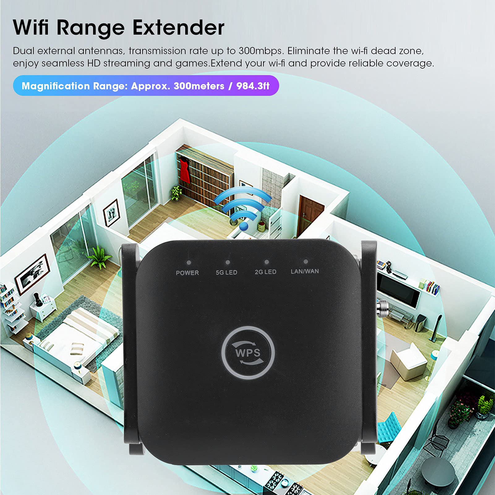 Kafuty-1 WiFi Range Extender, Wireless WiFi Repeater Signal Amplifier Up to 300meters / 984.3ft, WiFi Repeater Up to 300Mbps Speed, 2.4 ghz, 802.11 b/g/n, with Ethernet Port(Black US)