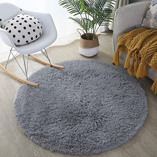 4x4 Gray Fluffy Round Rug for Living Room Luxurious Circle Carpet for Bedroom Shaggy Plush Soft Grey Round Rug Home Decoration Carpets (4x4, Gray)