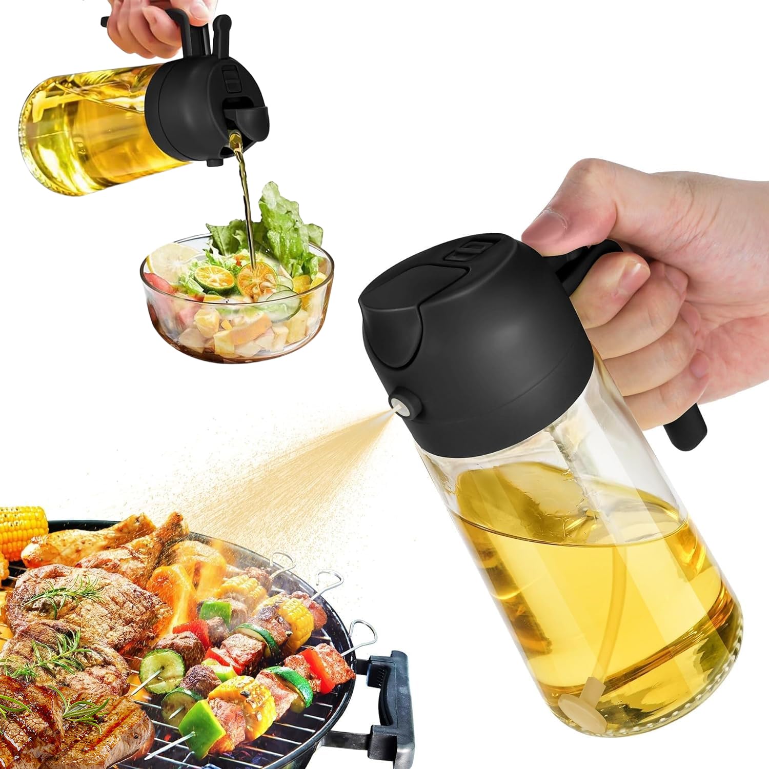 16oz Oil Dispenser Bottle - 2 in 1 Olive Oil Dispenser Bottle for Kitchen, 470ml Olive Oil Bottle,it's perfect for cooking, salads, and BBQs (Black, 1PCS)