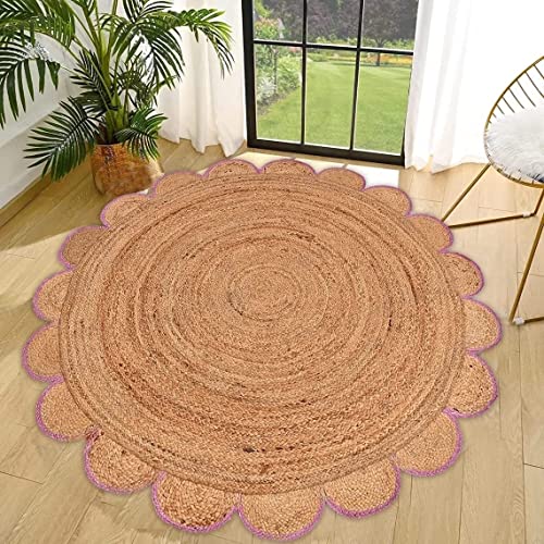 4x4, 5x5, 6x6, Natural Jute Scallop Round Rug, Floor Pink Scalloped Edge Rug Braided Boho Eco Large Circular Handmade Area Rugs (4x4 FT)
