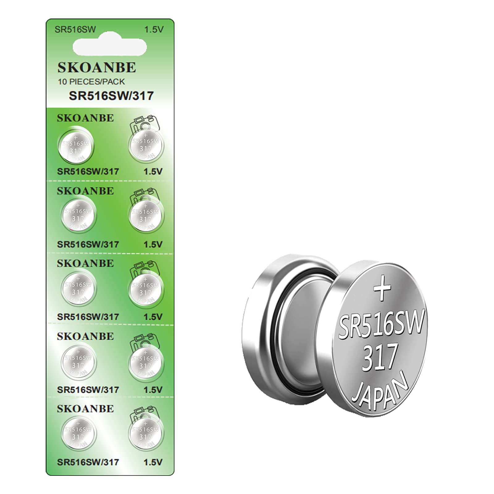 SKOANBE SR516SW 317 1.5V Button Coin Cell Silver Oxide Watch Battery(10-Packs)