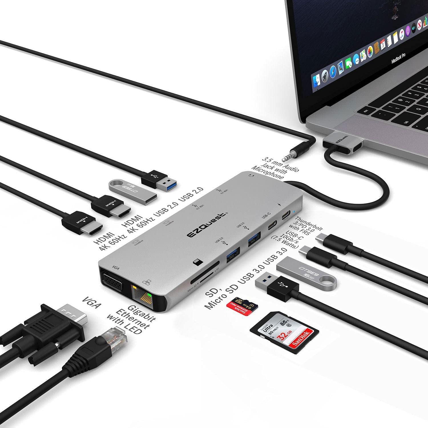 EZQuest USB C Hub 13 in 2 with 2 HDMI 4K, VGA, 1GBS Ethernet, 2USB A 3.0 Ports, 2 USB A 2.0 Ports, SD/Mico SD and Audio Port for Work and Travel - for MacBook Pro & Air